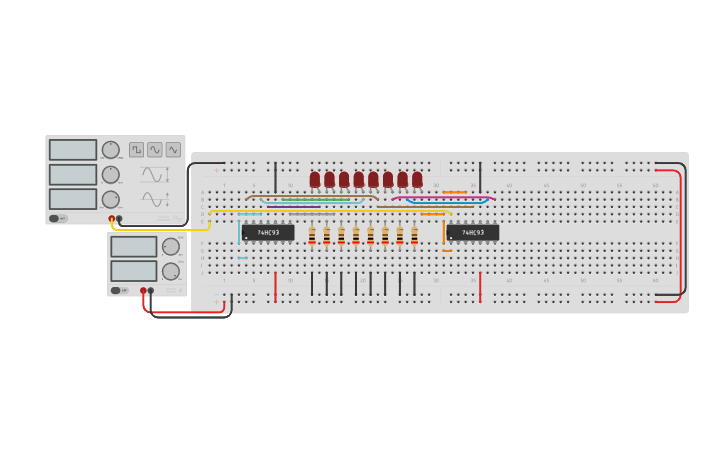 Circuit design 8 bit counter with 74HC93 | Tinkercad