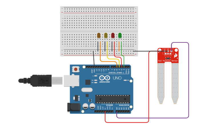 Circuit design LED- Soil Moisture Sensor - Tinkercad