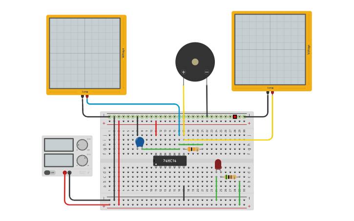 Circuit design Oscillator based on 74HC14 - Tinkercad