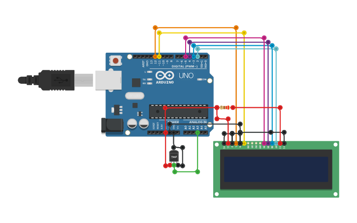 Circuit design temp sensor with lcd - Tinkercad
