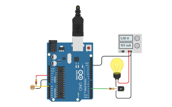 Circuit design フォトレジスタを使った電球の自動点灯 - Tinkercad