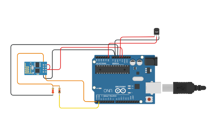 Circuit design ESP8266 Dweet Demo dengan sensor suhu - Tinkercad