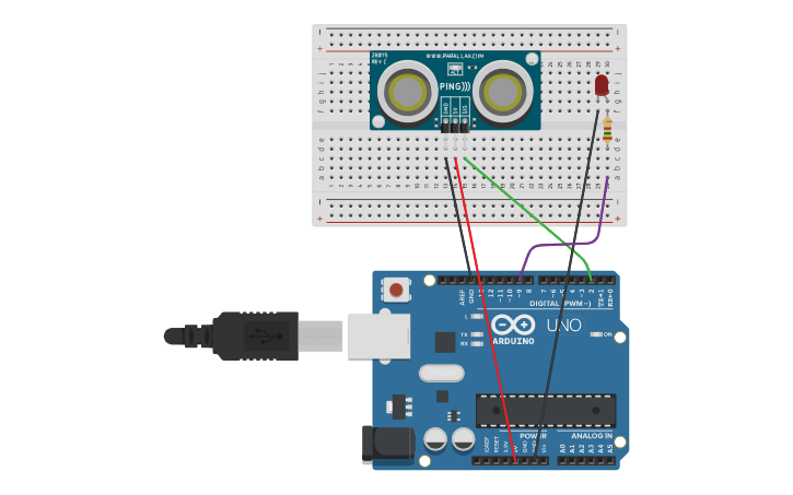 Circuit design Circuito28B_SensorUltrasonidosLed | Tinkercad