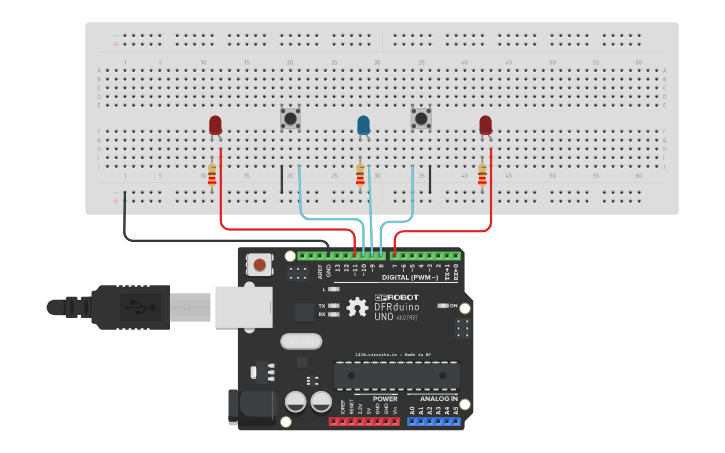 Circuit design 3 LEDS 2 Botones - Tinkercad