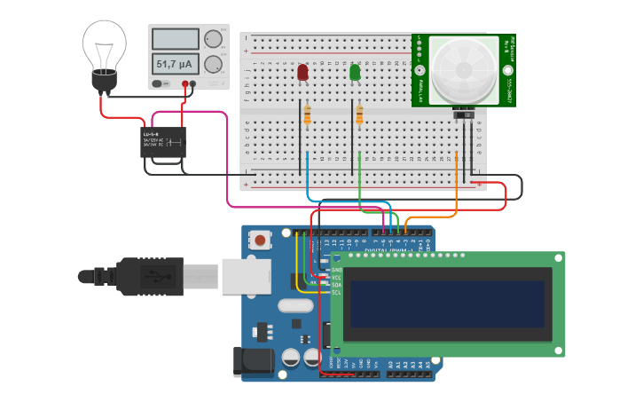 Circuit Design Lampu Otomatis Menggunakan Sensor Pir Tinkercad