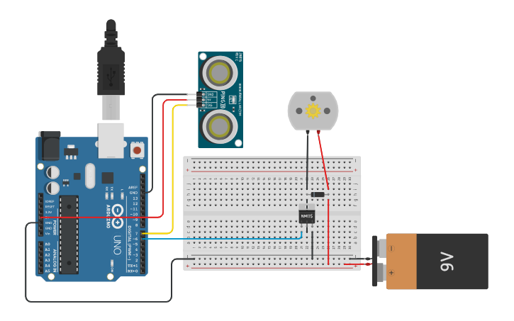 Circuit design Ultrasonic Sensor with DC Motor - Tinkercad
