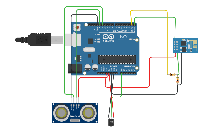 Circuit Design Arduino Esp8266 Suhu Jarak Tinkercad