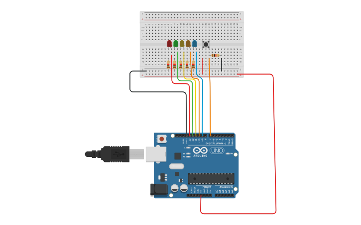Circuit design 5 led continuamente - Tinkercad