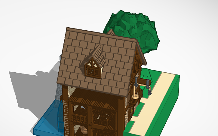 3D design Old mill with water wheel - Tinkercad