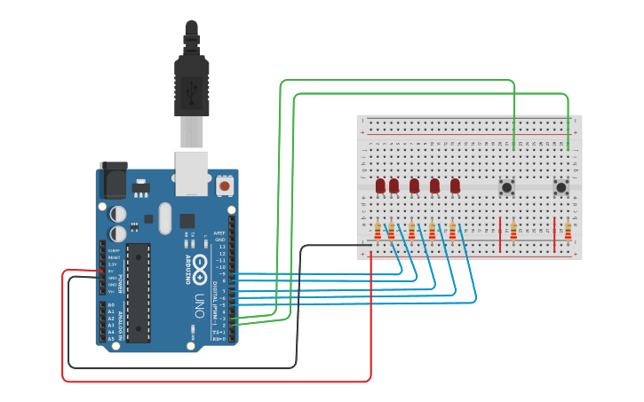 Circuit design Secuencia de leds (Forma2 sencilla) - Tinkercad Circuit design Secuencia de leds (Forma2 sencilla) - Tinkercad
