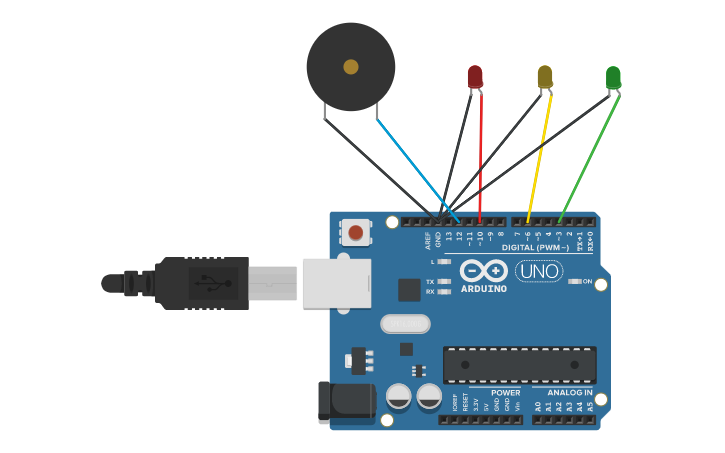 Circuit design Traffic Light with Buzzer - Tinkercad