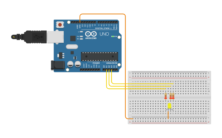 Circuit design Encendido de leds RGB (semáforo) - Tinkercad