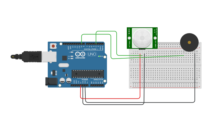 Circuit design pir sensor with piezo - Tinkercad