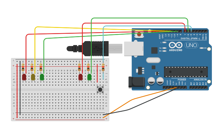 Circuit design Semaforos Peatonal-Vehicular - Tinkercad