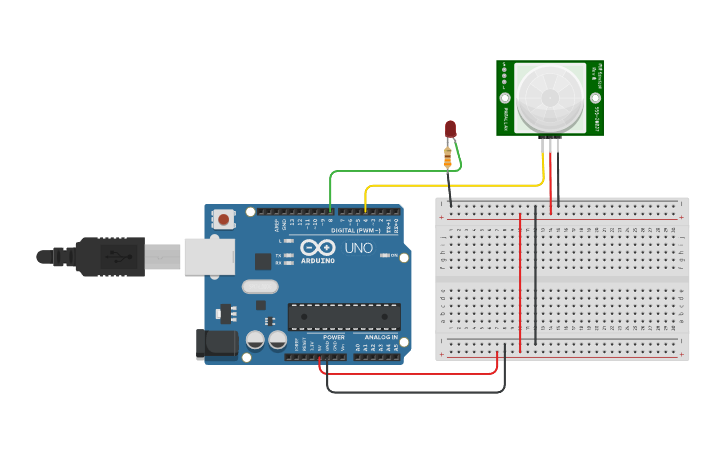 Circuit design Tugas 7 - Sensor PIR & Lampu LED | Tinkercad Circuit design Tugas 7 - Sensor PIR & Lampu LED | Tinkercad