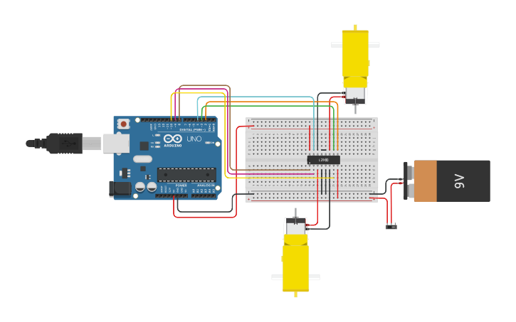 Circuit design 2 Yellow DC motors with L293D - Tinkercad
