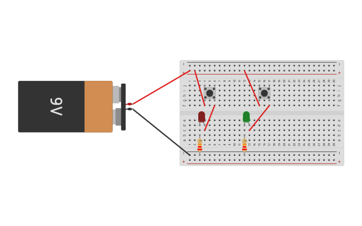 Circuit design 2 LEDS CON PULSADORES EN PLACA PROTOBOARD | Tinkercad Circuit design 2 LEDS CON PULSADORES EN PLACA PROTOBOARD | Tinkercad