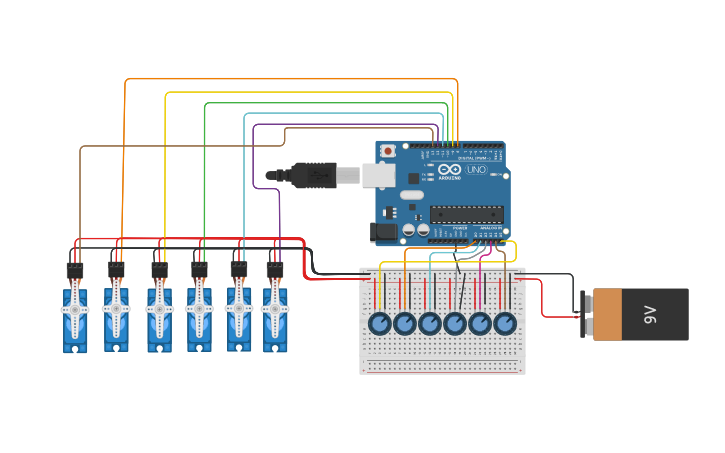 Circuit design Control five servo motors using variable resistors | Tinkercad