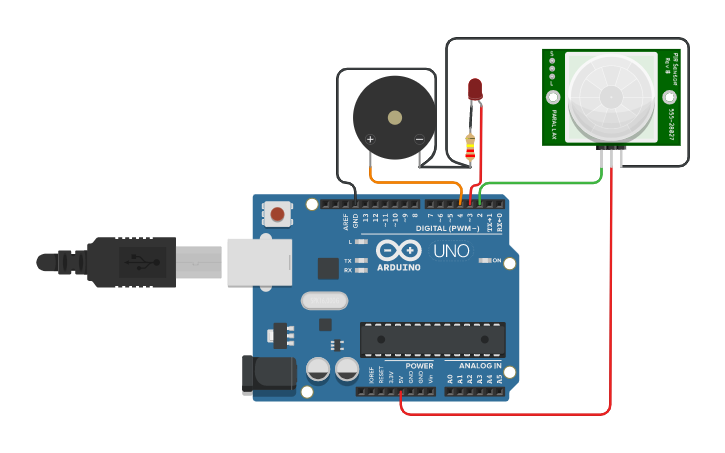 Circuit design alarma sensor movimiento | Tinkercad