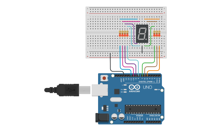 Circuit design 0 - 9 con display de 7 segmentos - Tinkercad
