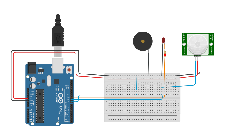 Circuit design Arduino PIR & Buzzer & LED | Tinkercad
