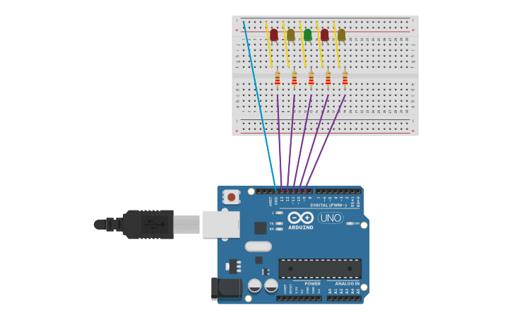 Circuit design 5 leds | Tinkercad