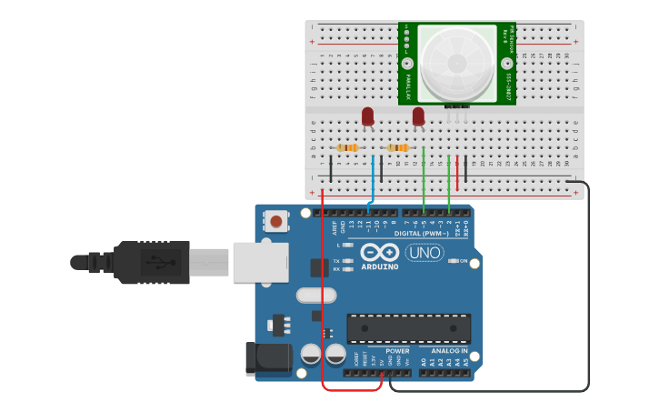 Circuit design pir interrupt | Tinkercad