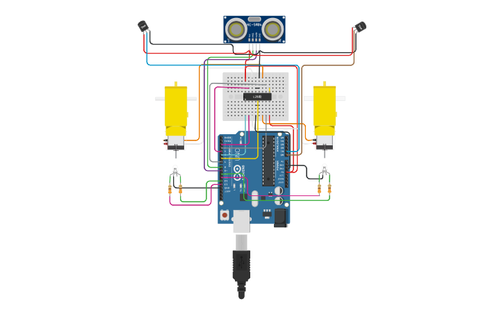 Circuit design Robot 2 ruedas Utrasonido y temperatura | Tinkercad