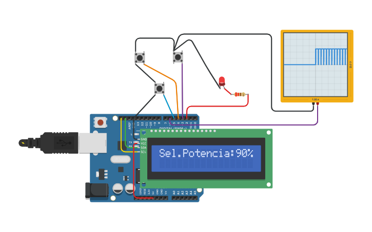 Circuit design Salida PWM con dos botones - Tinkercad