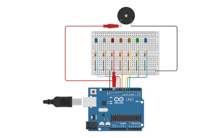Circuit design arduino luces y sonido - Tinkercad