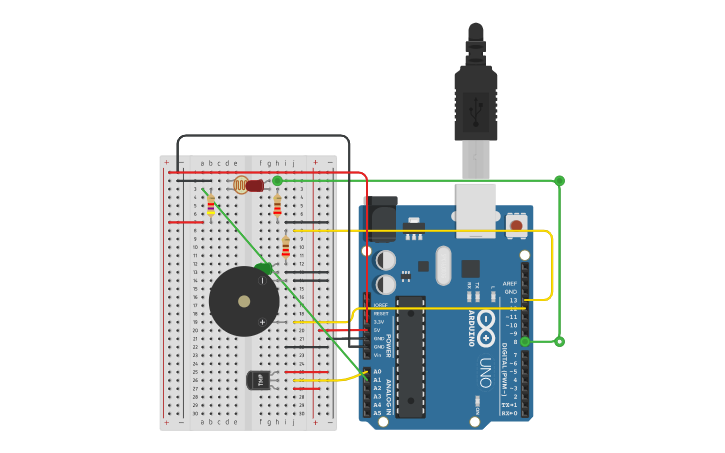Circuit design Copy of 온도 경보기 2 - Tinkercad