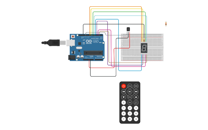 Circuit design Control of a Seven-Segment Display using an Infrared Remote - Tinkercad