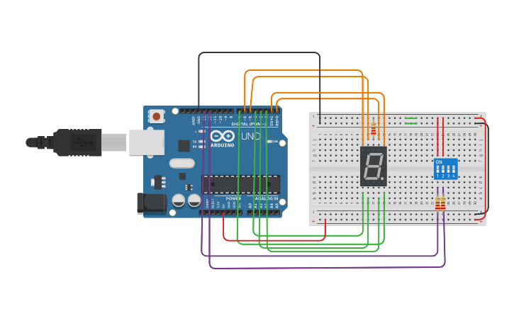 Circuit design Display 7 segmentos(ascendente/descendente) | Tinkercad