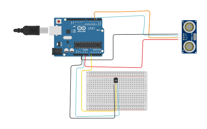 Circuit design Suhu dan jarak - Tinkercad