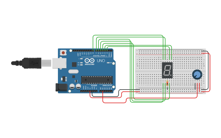 Circuit design Kontrol 7-Segment dengan Potensiometer_123220024_Ikhsan - Tinkercad