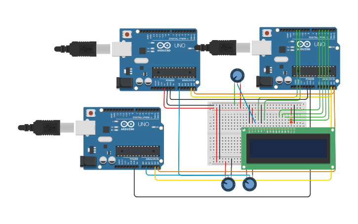 Circuit design 3 Arduinos - Tinkercad