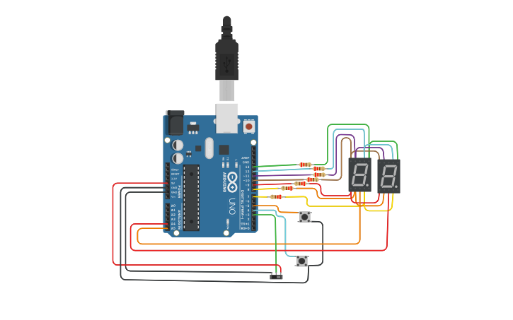 Circuit design primo led 7 segmentos 0 al 99 - Tinkercad