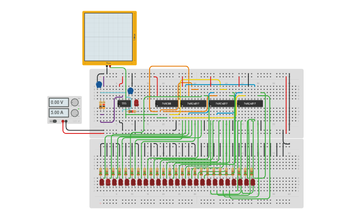 Circuit design NE555 + каскад 4017 - Tinkercad