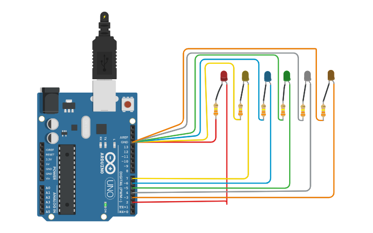Circuit design simulador de secuencia de luces | Tinkercad