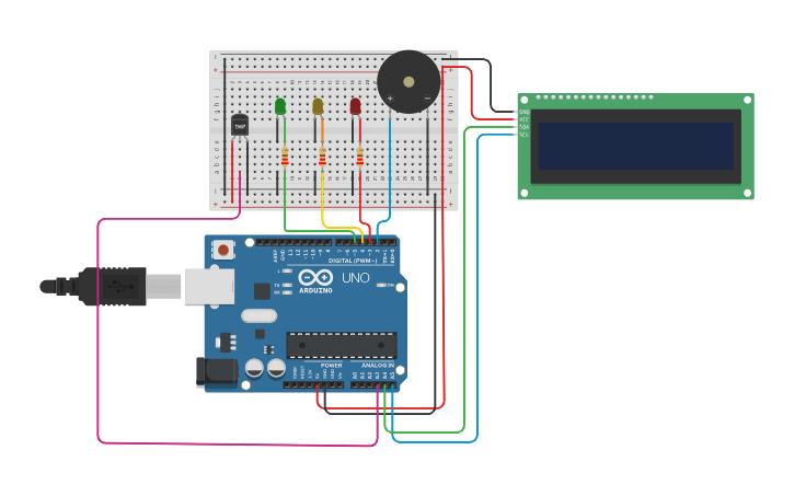 Circuit design Arduino Temparature with Buzzer LCD - Tinkercad