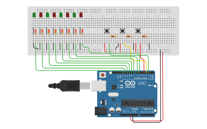 Circuit Design Arduino 8 Led Dengan 3 Push Button Tinkercad 1451