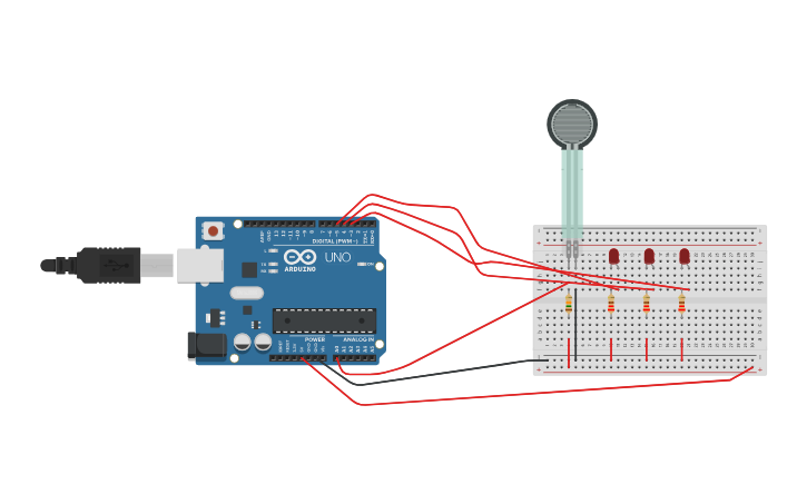 Circuit design Copy of 4.Give strength level using force sensor - Tinkercad