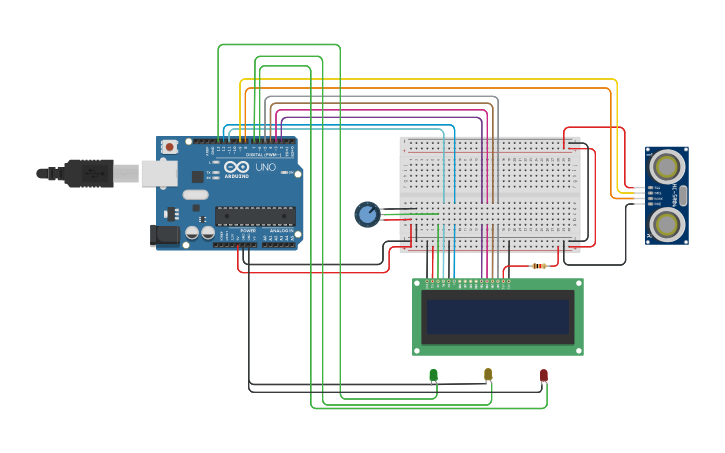 Circuit design Ultrasonic sensor with LCD and LED - Tinkercad