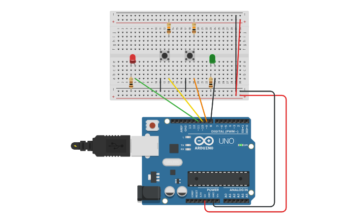 Circuit design LED Y PULSADOR - Tinkercad