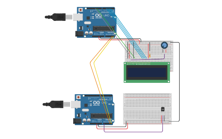 Circuit design I2C met temp. Temp sensor and LCD working - Tinkercad