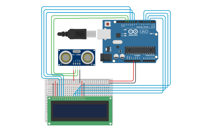 Circuit design *Ultrasonic Distance Sensor with LCD - Tinkercad