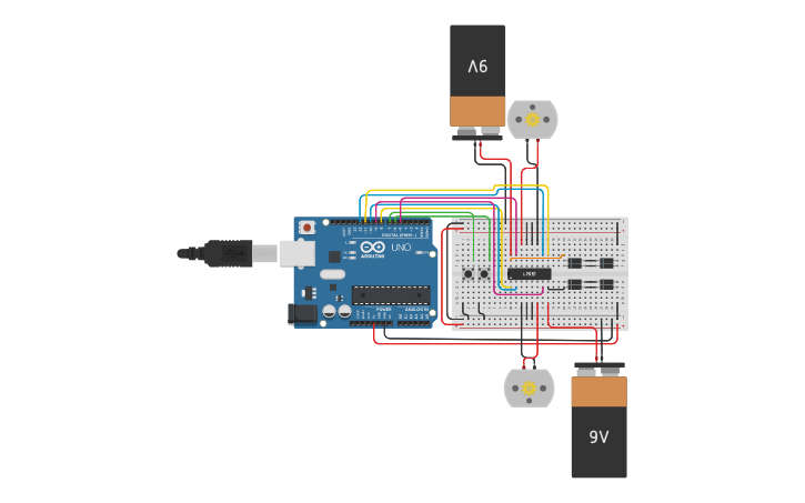 Circuit design Control de 2 motores(giro y velocidad con puerto serial) | Tinkercad