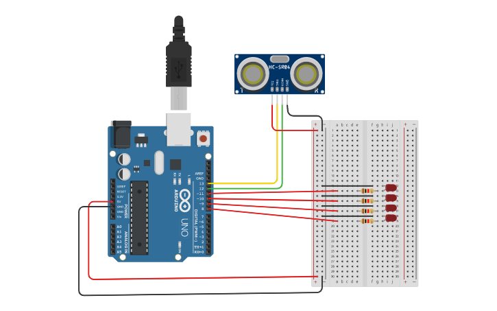 Circuit design Sensor distancia HC-SR04 y Secuencia LED - Tinkercad