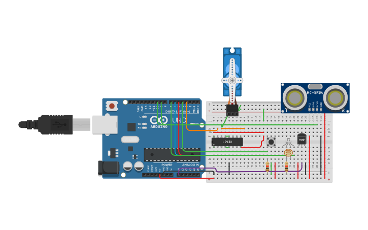 Circuit design Boom Gate Project with temp sensor on motor - Tinkercad