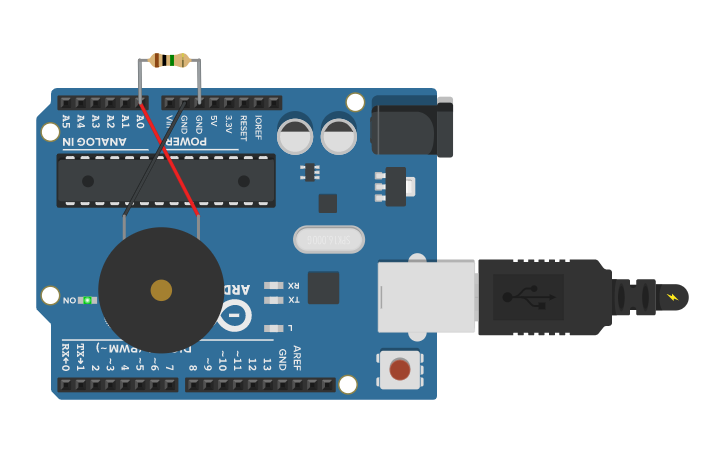 Circuit design Utilizando Piezo como sensor de impacto - Tinkercad